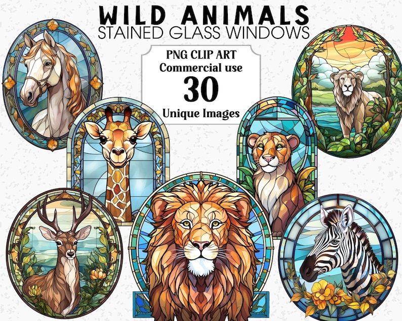 Wild Animals Stained Glass Windows Clipart Digital & Paper - Etsy