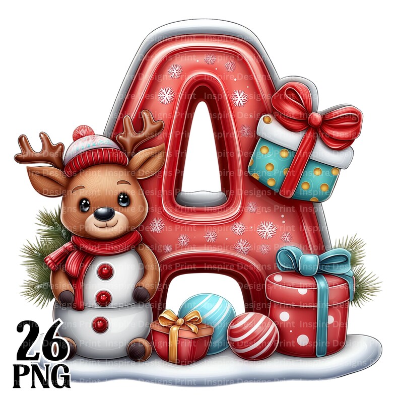 Cute Reindeer Christmas Letters Clipart, Custom Initial Ornament ...