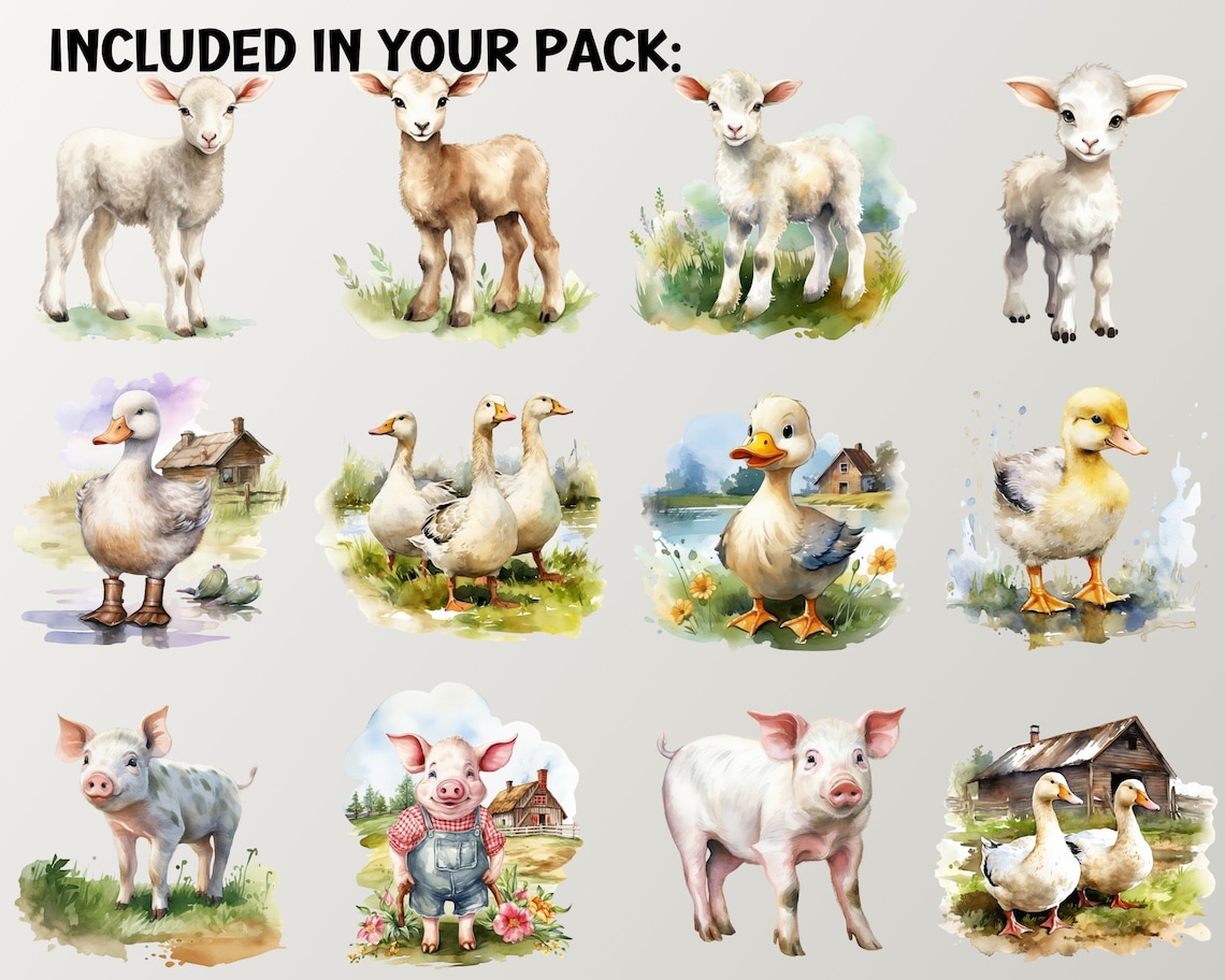 On the Farm Clipart, Watercolor Barn Animals, Cows, Horses, Sheep ...