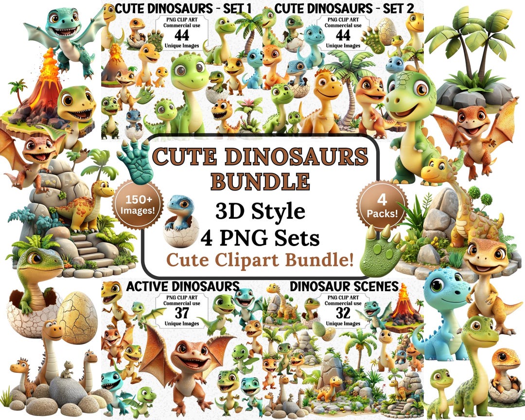 Cute Dinosaurs Clipart MEGA Bundle Bulk, Prehistoric Animals Volcano ...