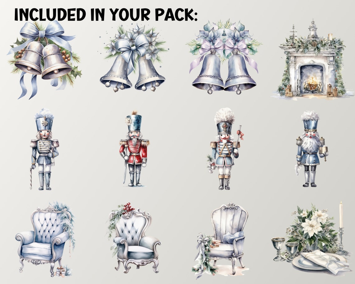 Silver Christmas Luxury Watercolor Clipart Decorations Bundle - Etsy