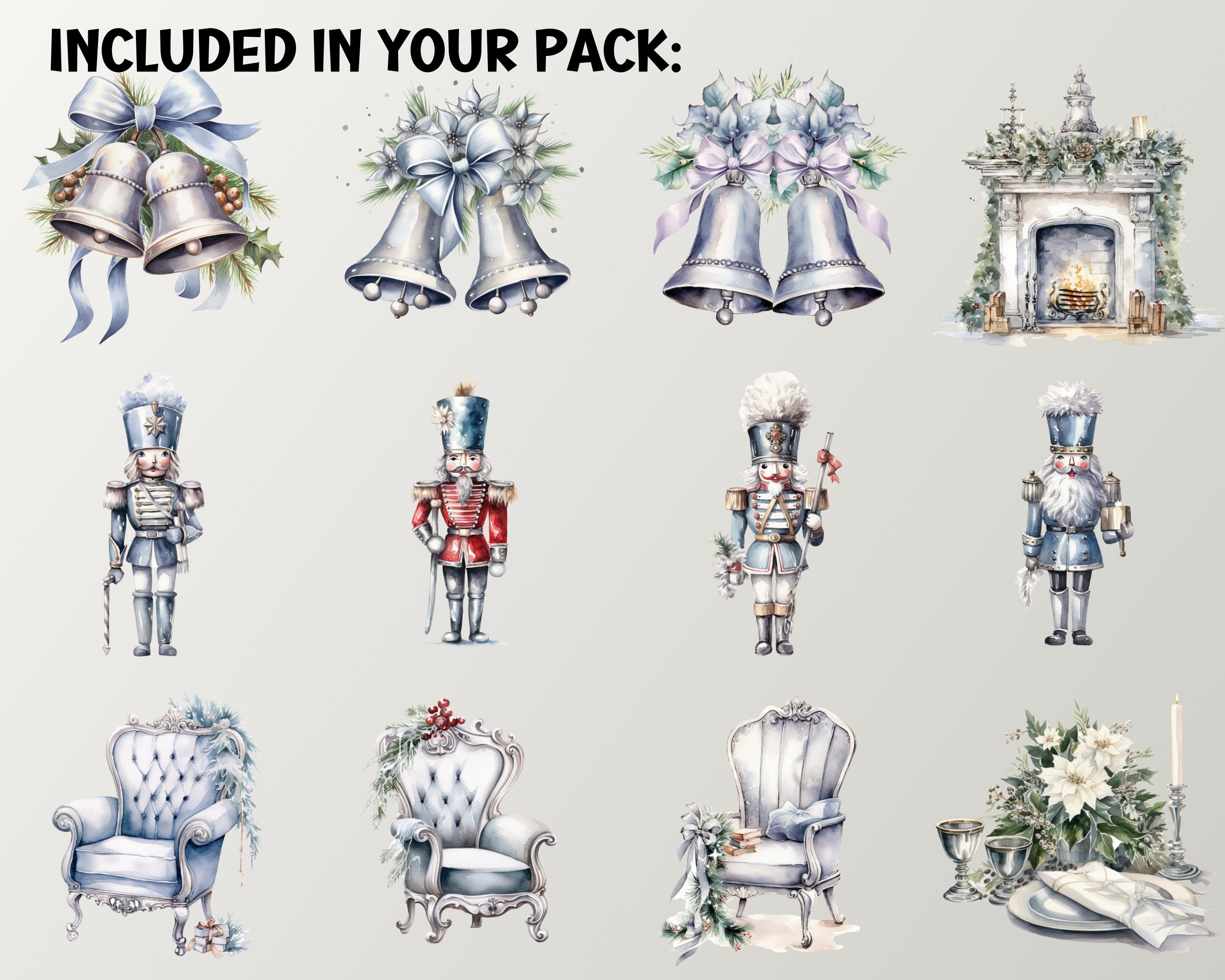 Silver Christmas Luxury Watercolor Clipart Decorations Bundle - Etsy