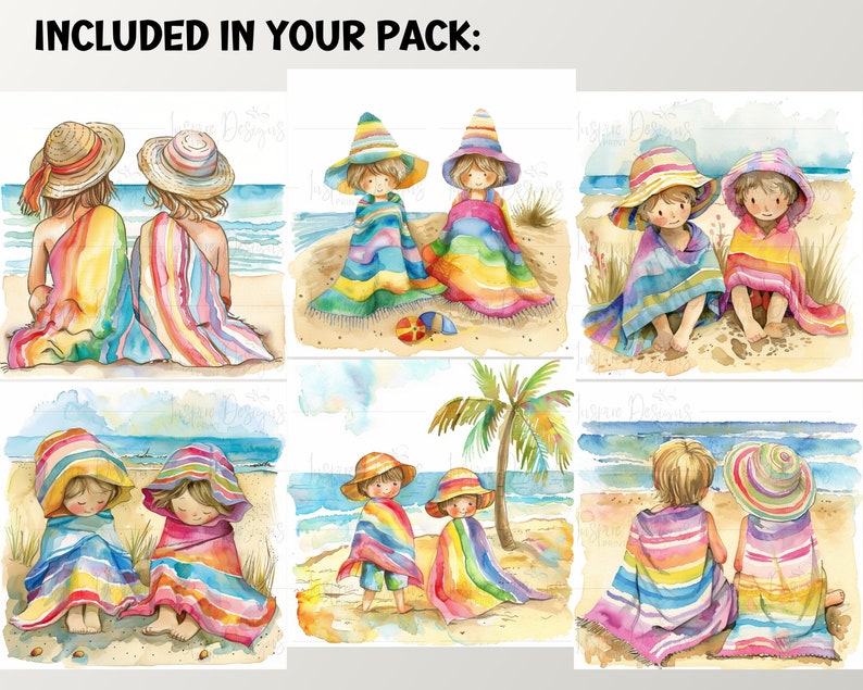 Colorful Beach Kids Watercolor Clipart Scenes, Digital Crafts, Instant ...