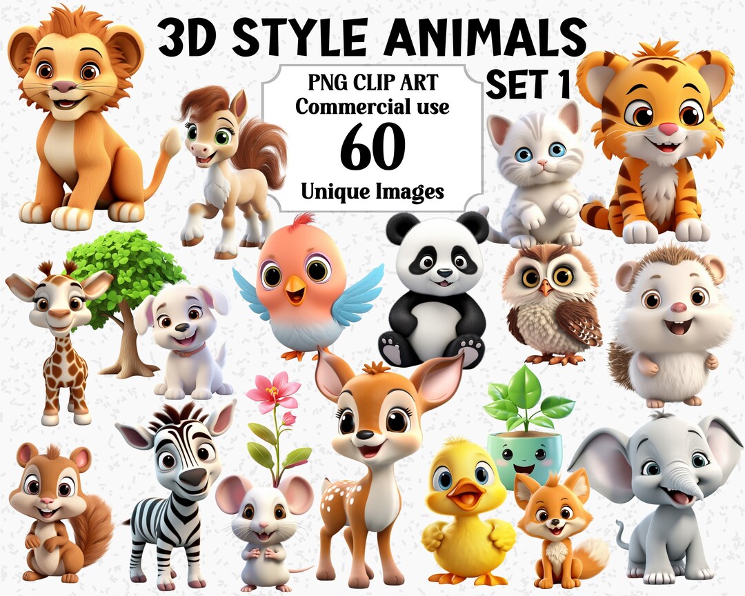 3D Style Cute Animals PNG Clipart (set 1)- Instant Download Commercial ...
