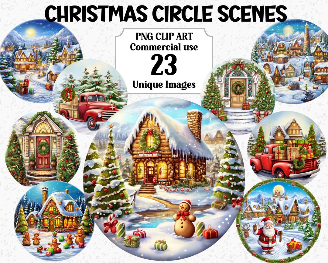 Christmas Circle Scenes Clipart, Watercolor Santa Cars, Craft ...