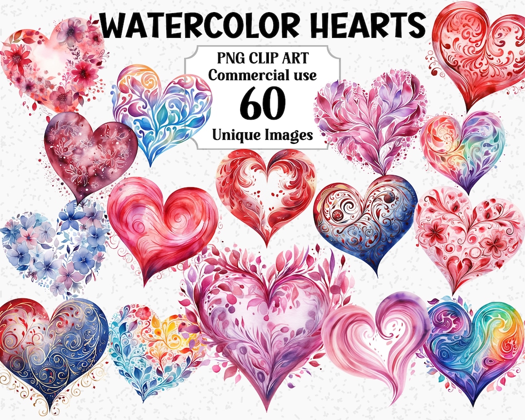 Watercolor Hearts Valentines Day Clipart Love Decorations Bundle ...