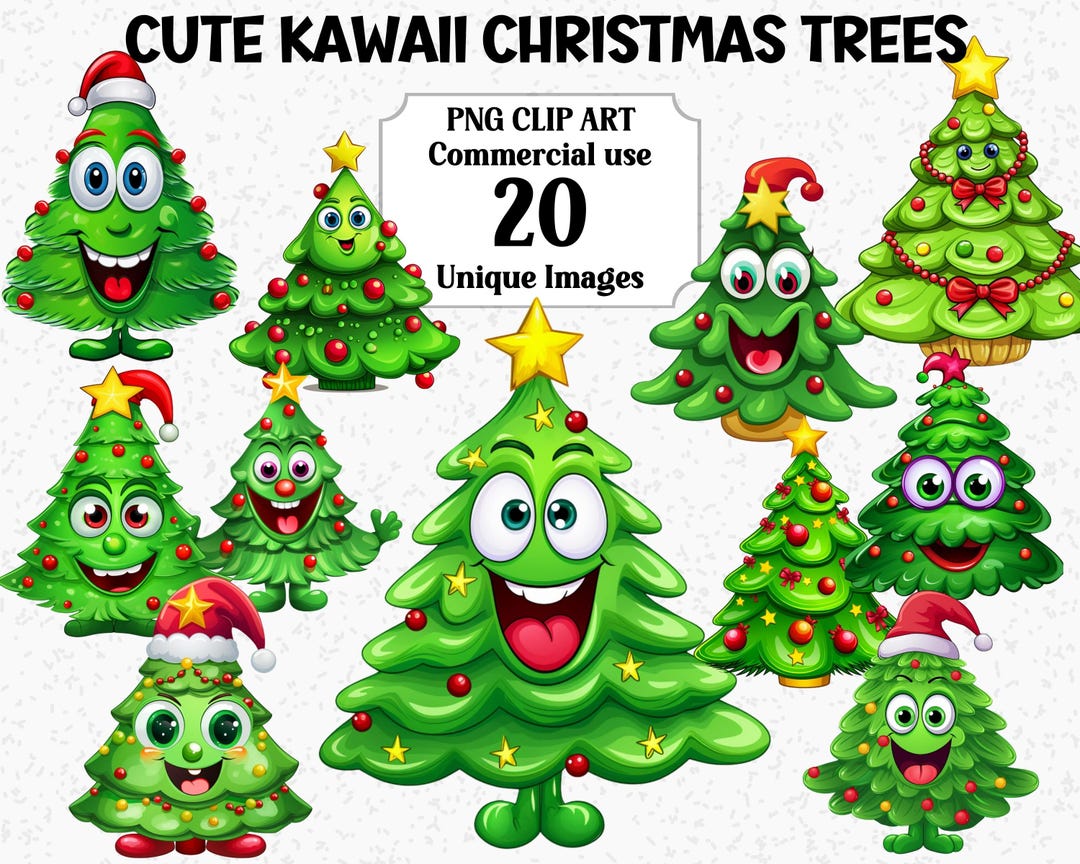 Cute Kawaii Christmas Trees Cartoon Style Clipart, Craft Cards Invites ...