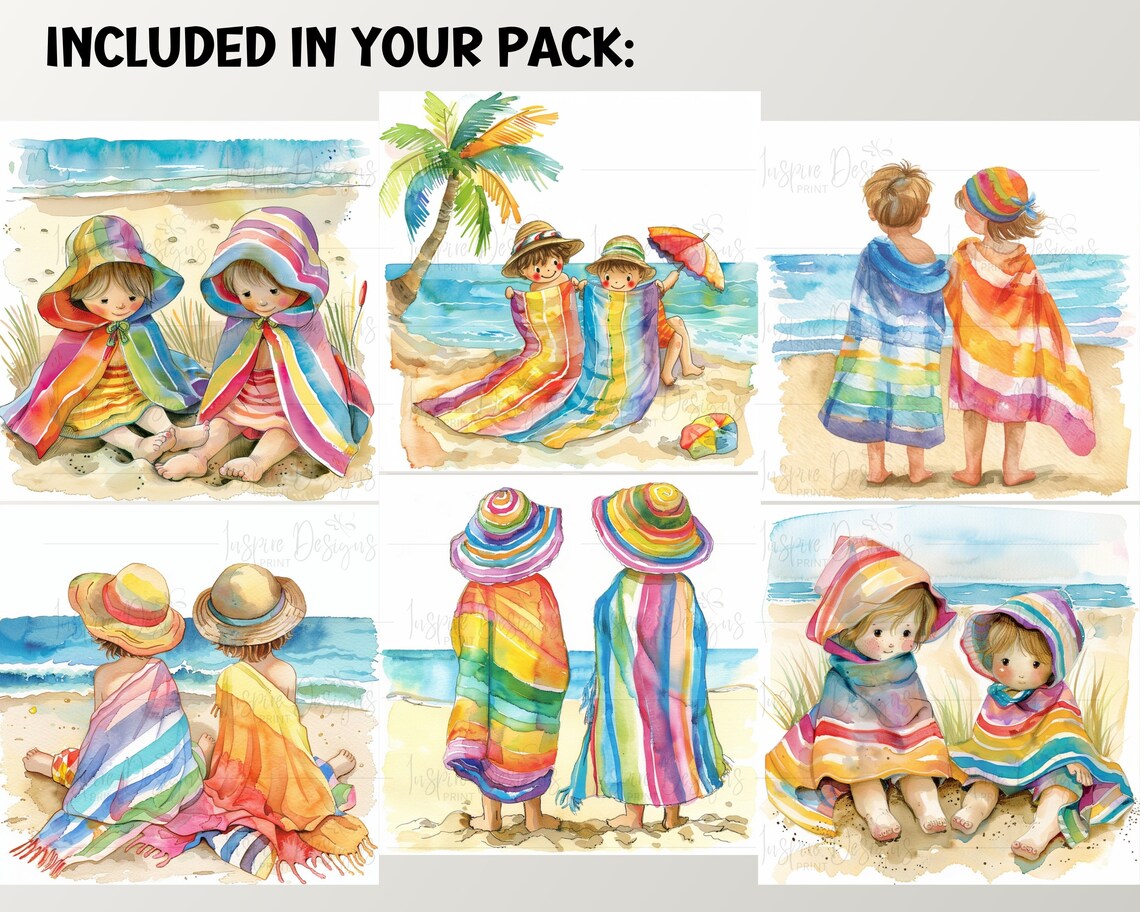Colorful Beach Kids Watercolor Clipart Scenes, Digital Crafts, Instant ...