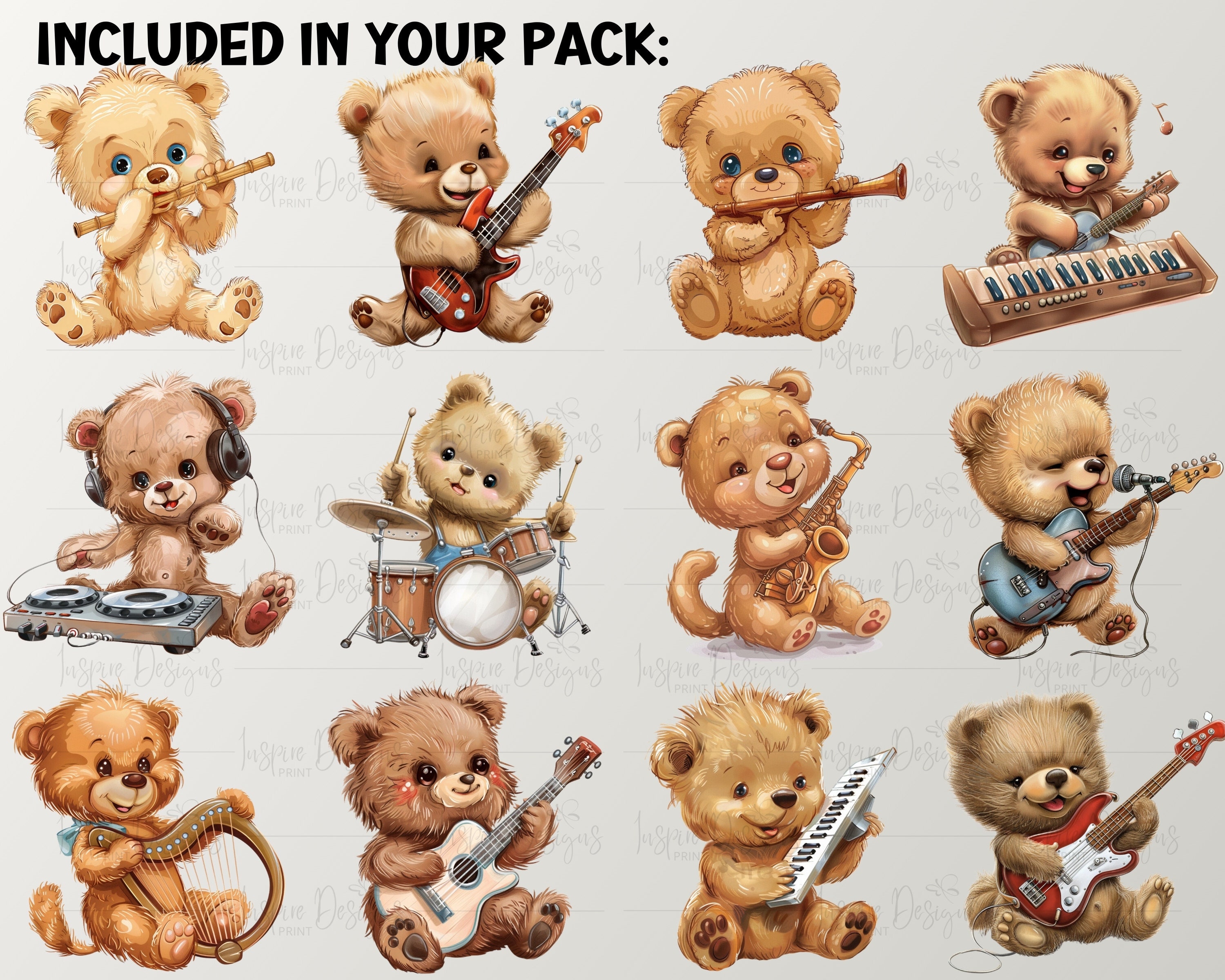 Cute Musical Bears Clipart, Instant Download, Music Guitar Drums Piano ...