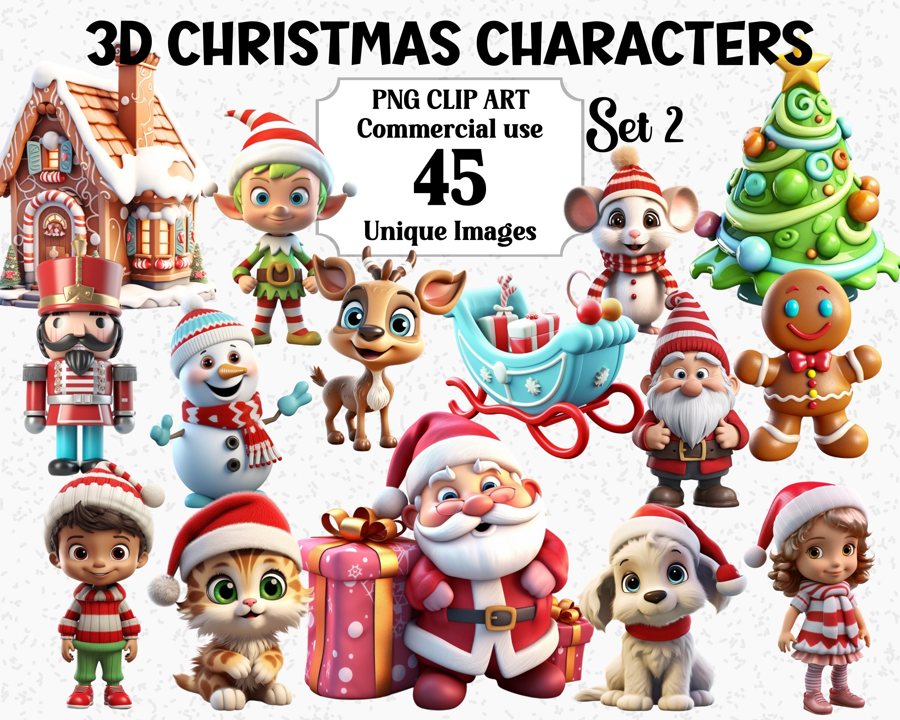 3D Style Cute Christmas Characters PNG Clipart Set2, Instant Download ...