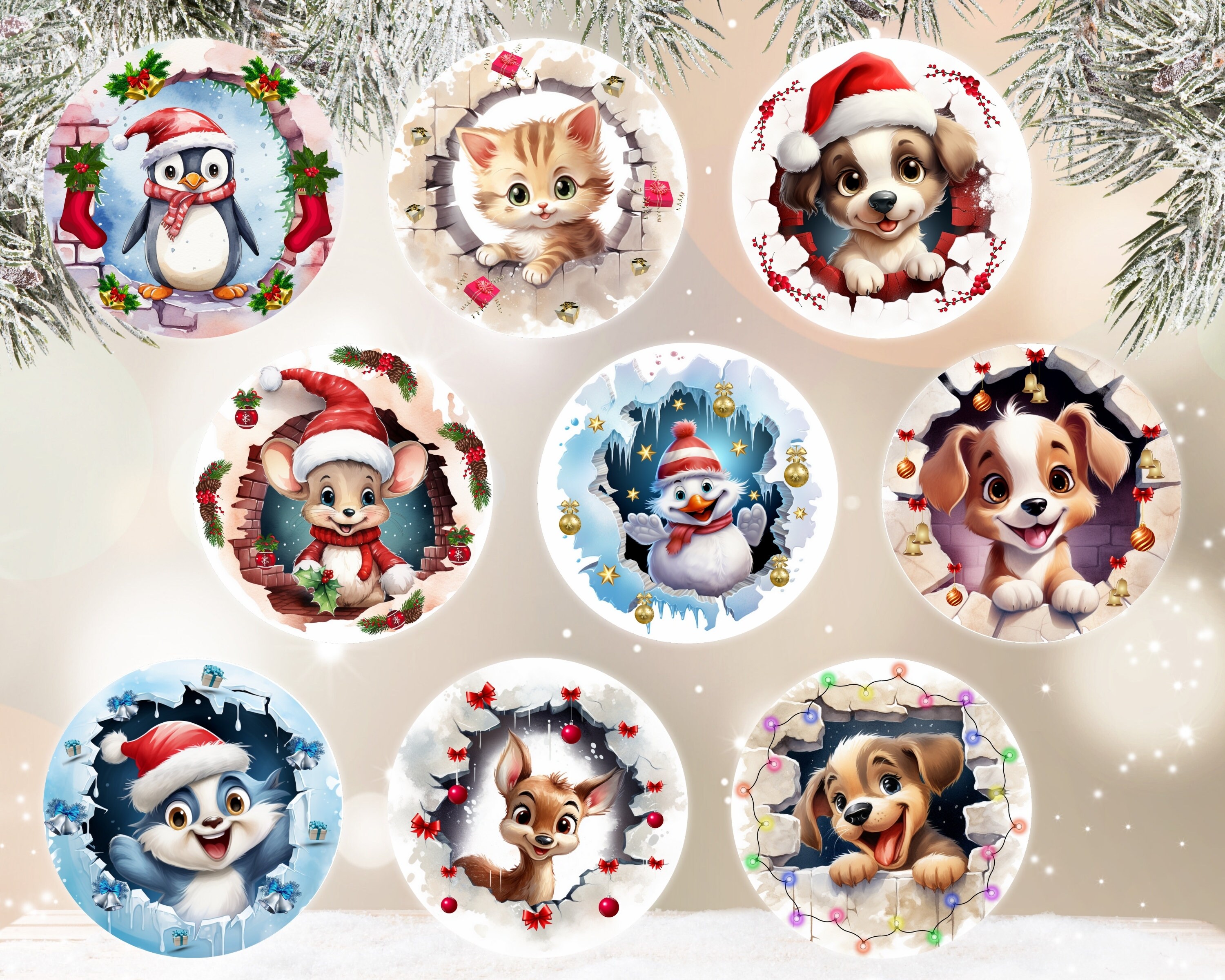 3D Cute Animals Christmas Break Through Ornament, Instant Download ...