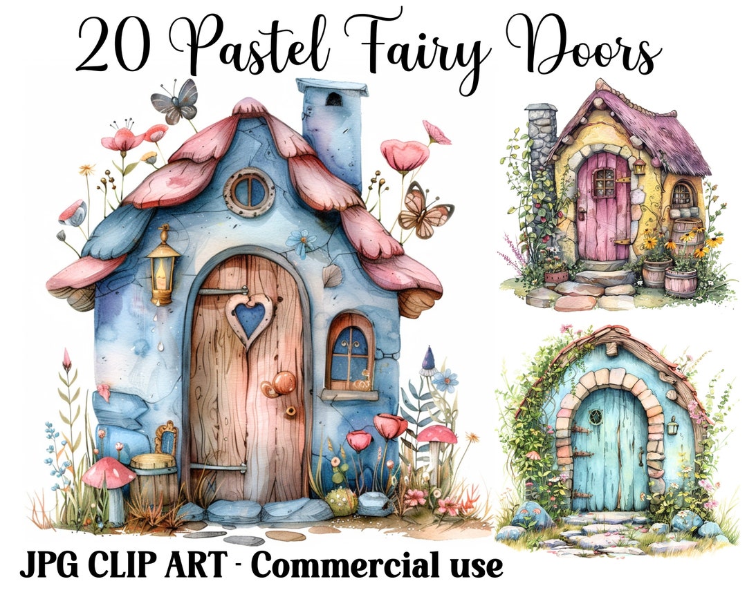 Pastel Fairy Doors Watercolor Clipart Scenes, Fantasy Fairytale Digital ...