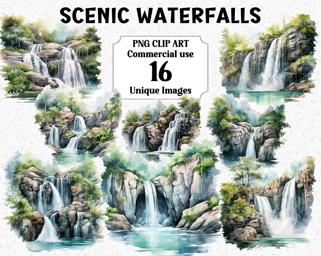 Scenic Waterfalls Watercolor Forest Landscape Scenes Clipart ...
