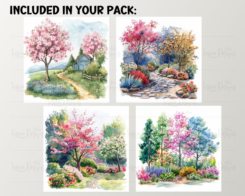 Country Gardens Watercolor Spring Scenes Clipart, Digital & Paper Craft ...