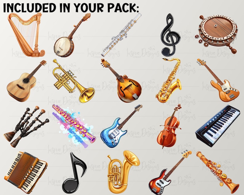 Musical Instruments Clipart, Instant Download, Rock & Jazz Guitar Drums ...