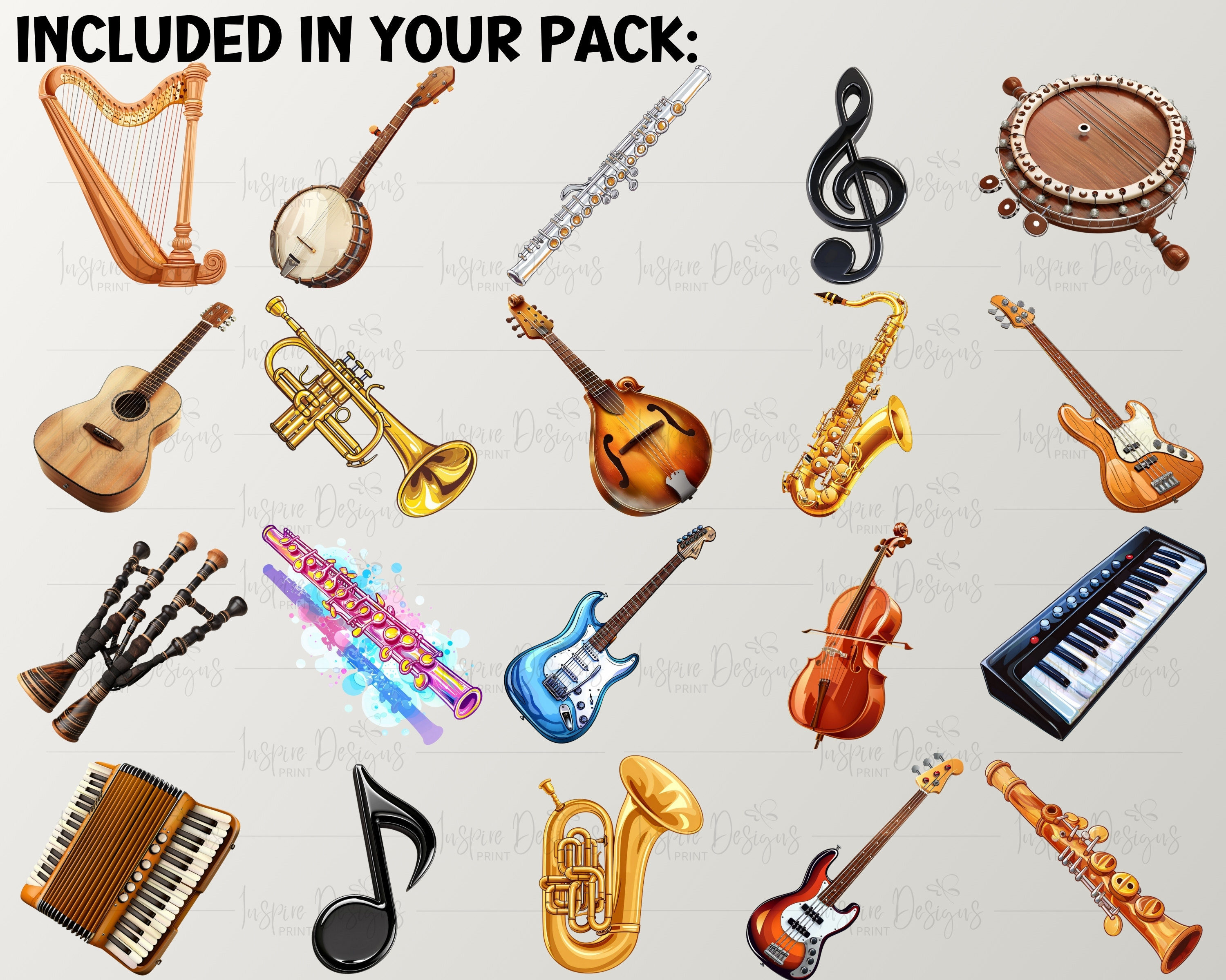 Musical Instruments Clipart, Instant Download, Rock & Jazz Guitar Drums ...