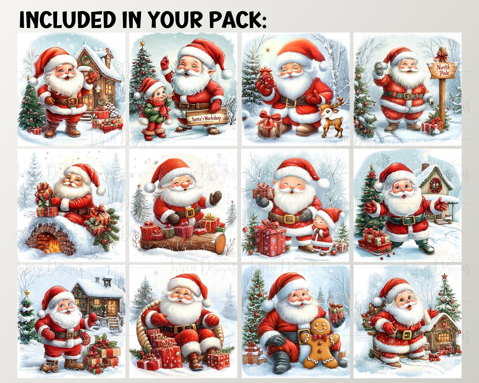North Pole Christmas Clipart, Cute Santa Scenes Digital Craft, Card ...