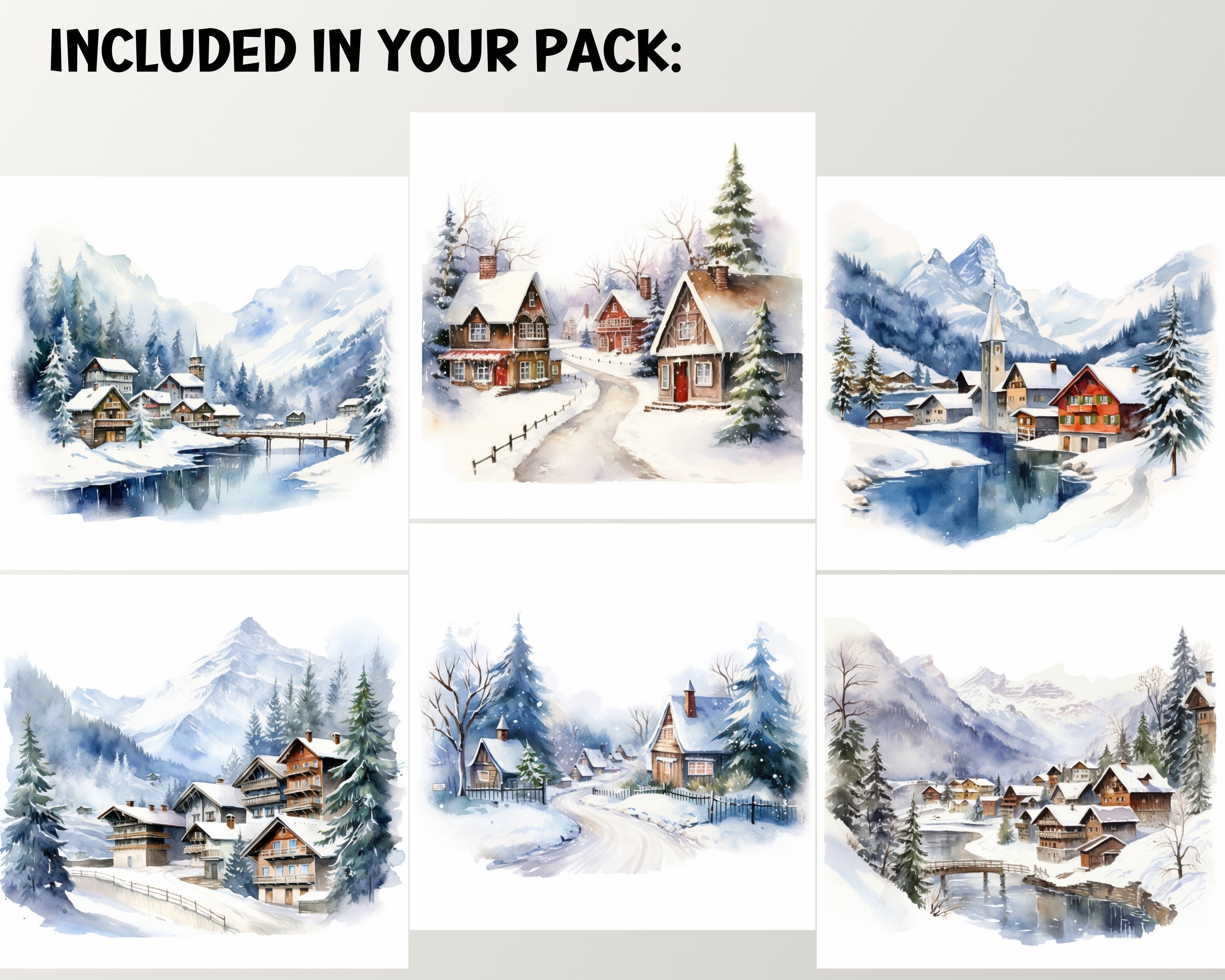 Winter Swiss Villages Scenes Watercolor Clipart, Fantasy Digital ...