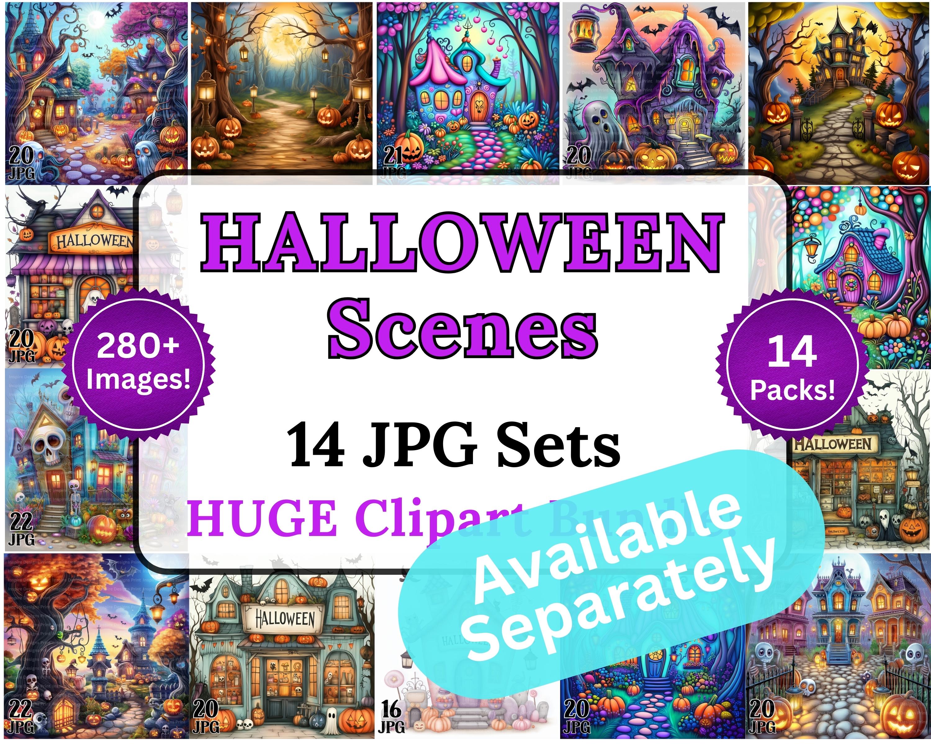 Spooky Halloween Scenes Watercolor Clipart, Craft Digital Papers ...
