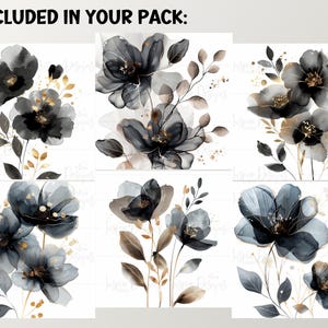 Abstract Flowers Black & Gold 25 Watercolor Clipart, Floral Digital ...