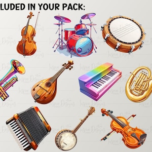 Musical Instruments Clipart, Instant Download, Rock & Jazz Guitar Drums ...