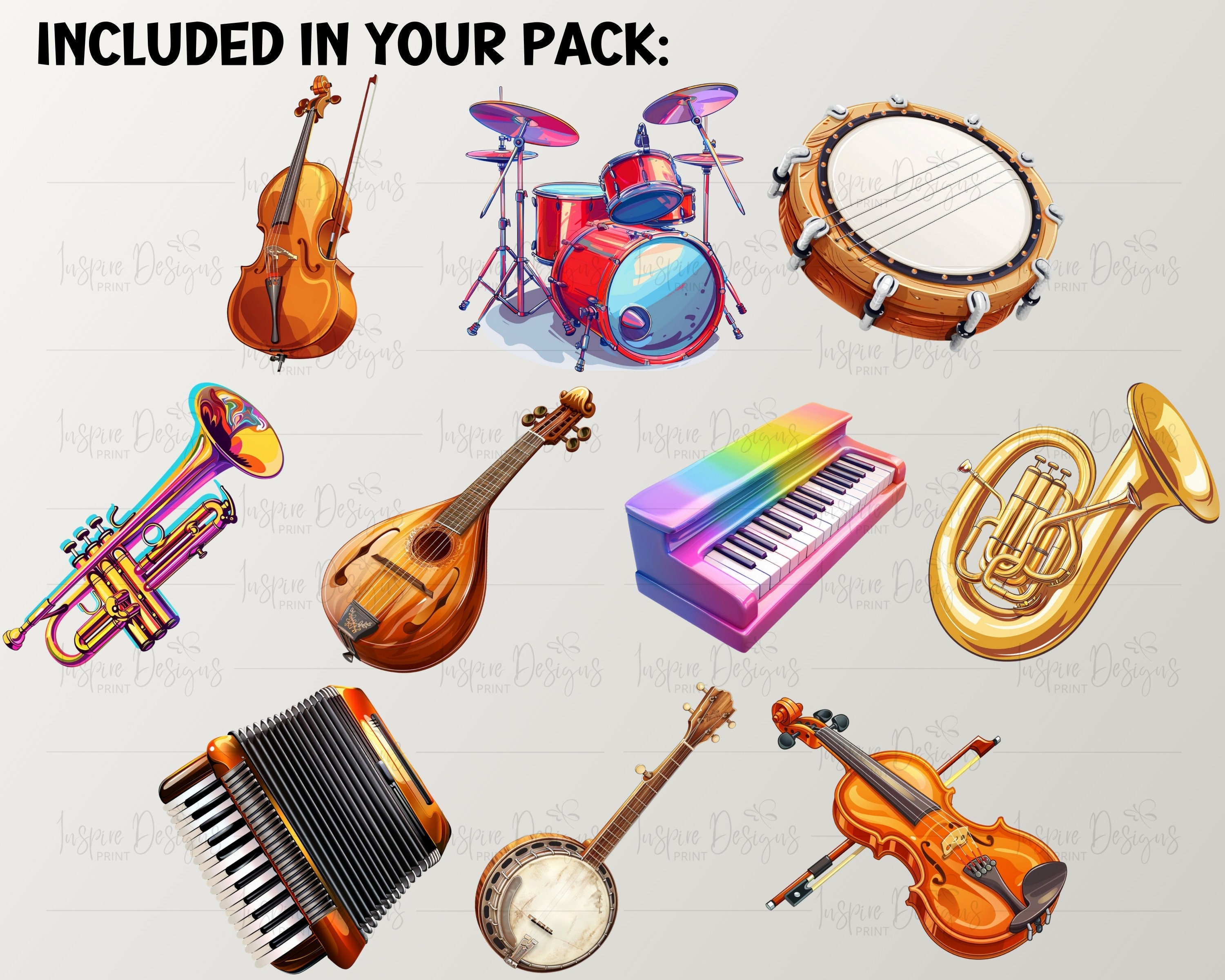Musical Instruments Clipart, Instant Download, Rock & Jazz Guitar Drums ...