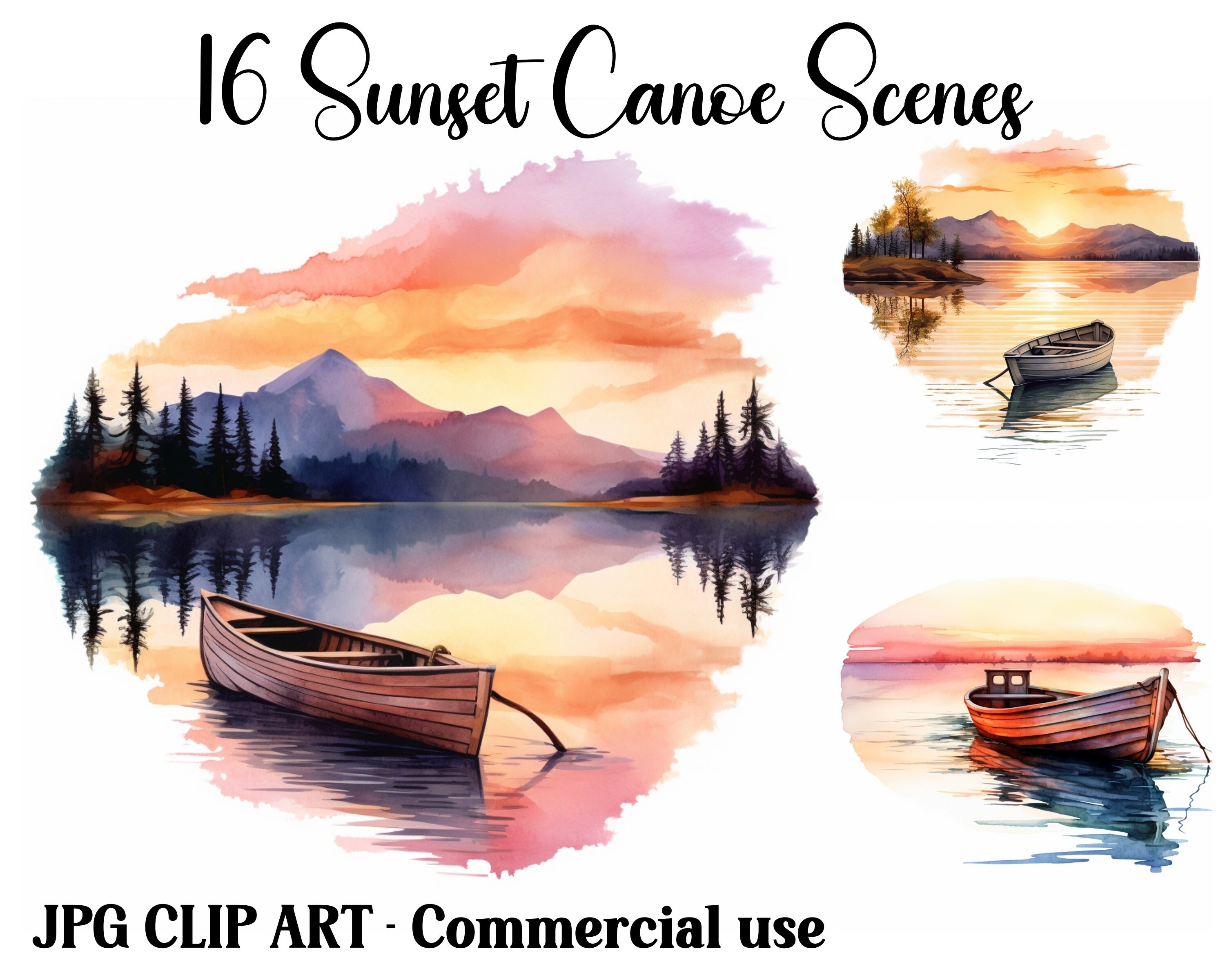 Sunset Canoe Scenes Watercolor Clipart, Digital & Paper Craft, Instant ...
