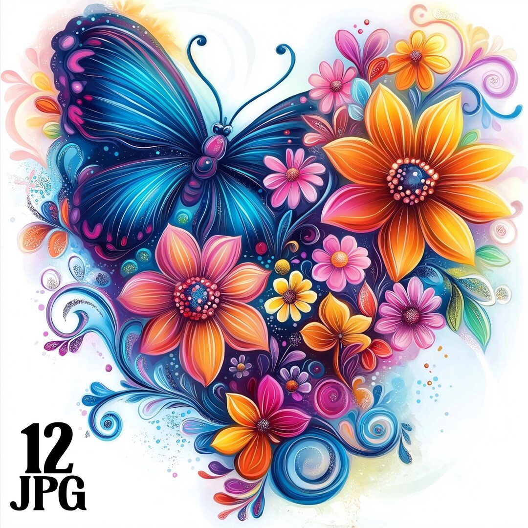 Vibrant Clipart Butterfly Floral Hearts Digital Whimsical Flowers ...