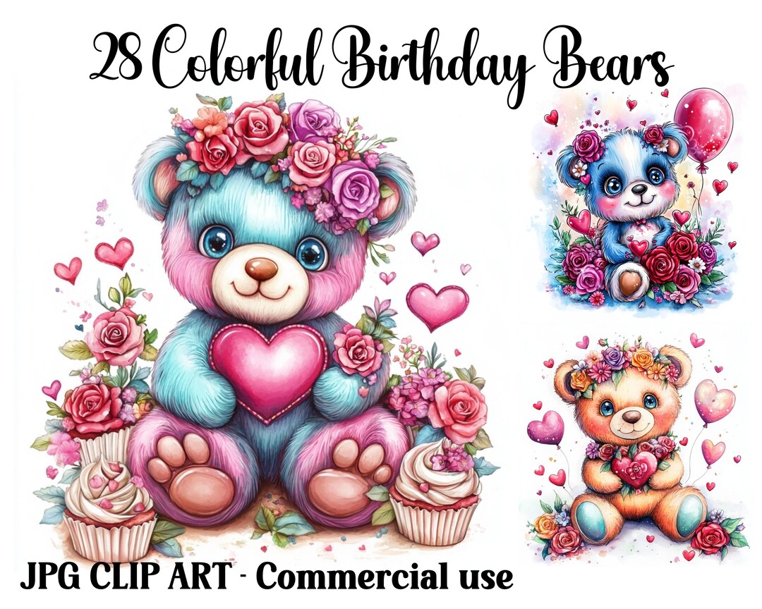 Colorful Birthday Bears Clipart, Digital Papers / Craft, Cute Cards ...
