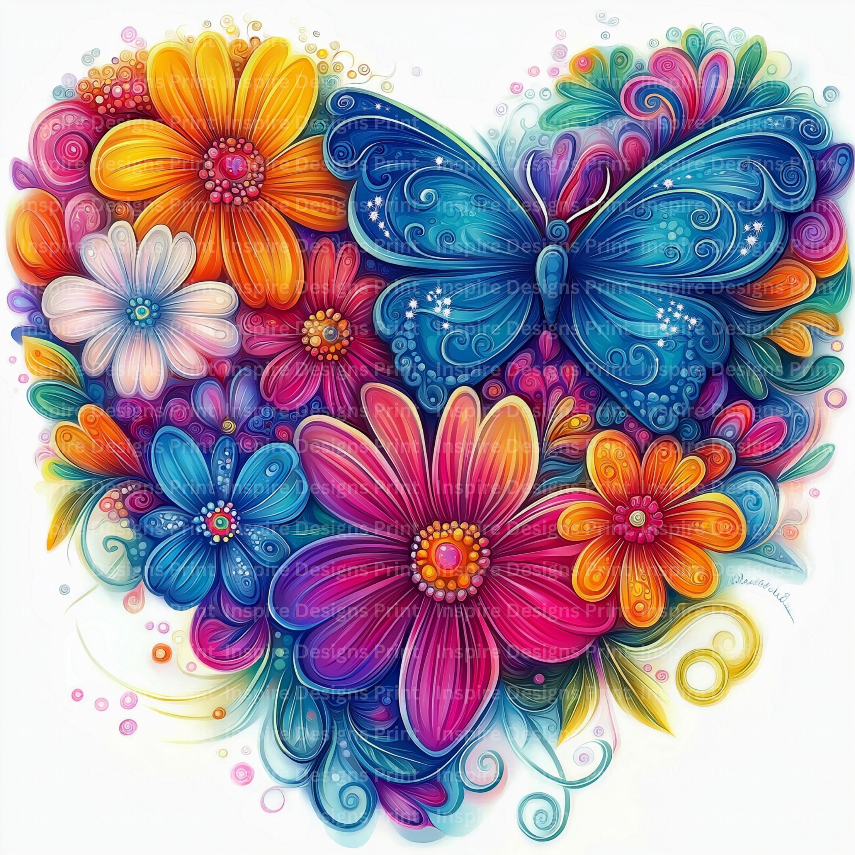 Vibrant Clipart Butterfly Floral Hearts Digital Whimsical Flowers ...