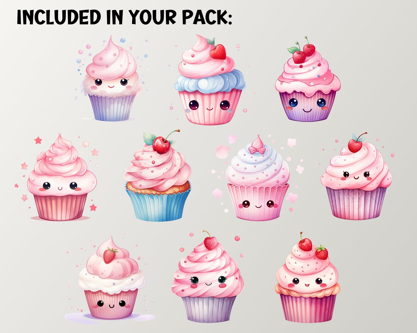 Cute Kawaii Cupcakes Watercolor Clipart, Craft Sublimation Decorations ...