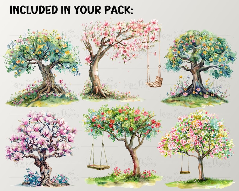 Stunning Spring Trees Watercolor Clipart, Digital Floral Crafts ...