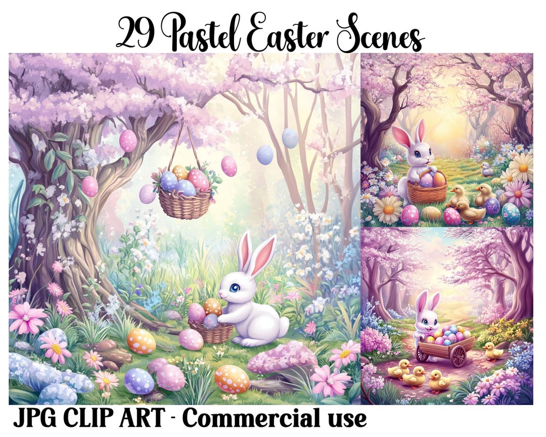 Pastel Easter Scenes Clipart, Digital Papers / Craft, Cute Bunny Eggs ...