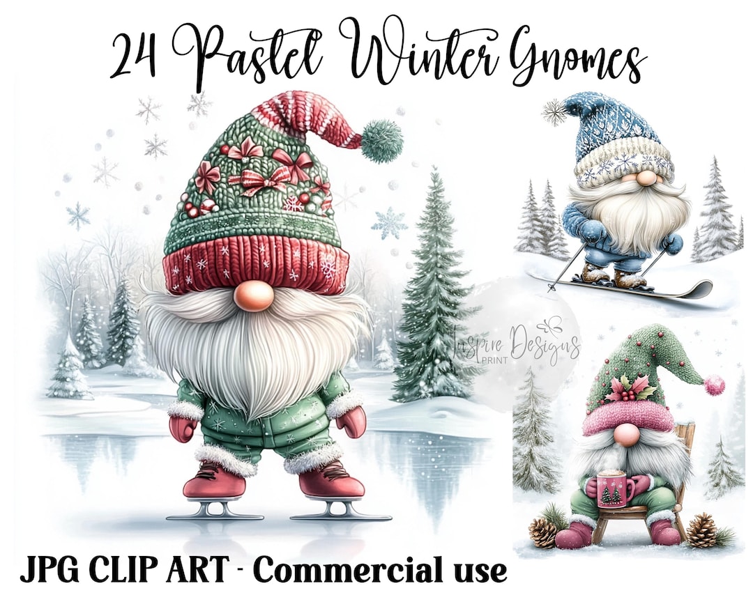 Cute Pastel Winter Gnomes Clipart, Craft Digital Papers, Christmas Card ...
