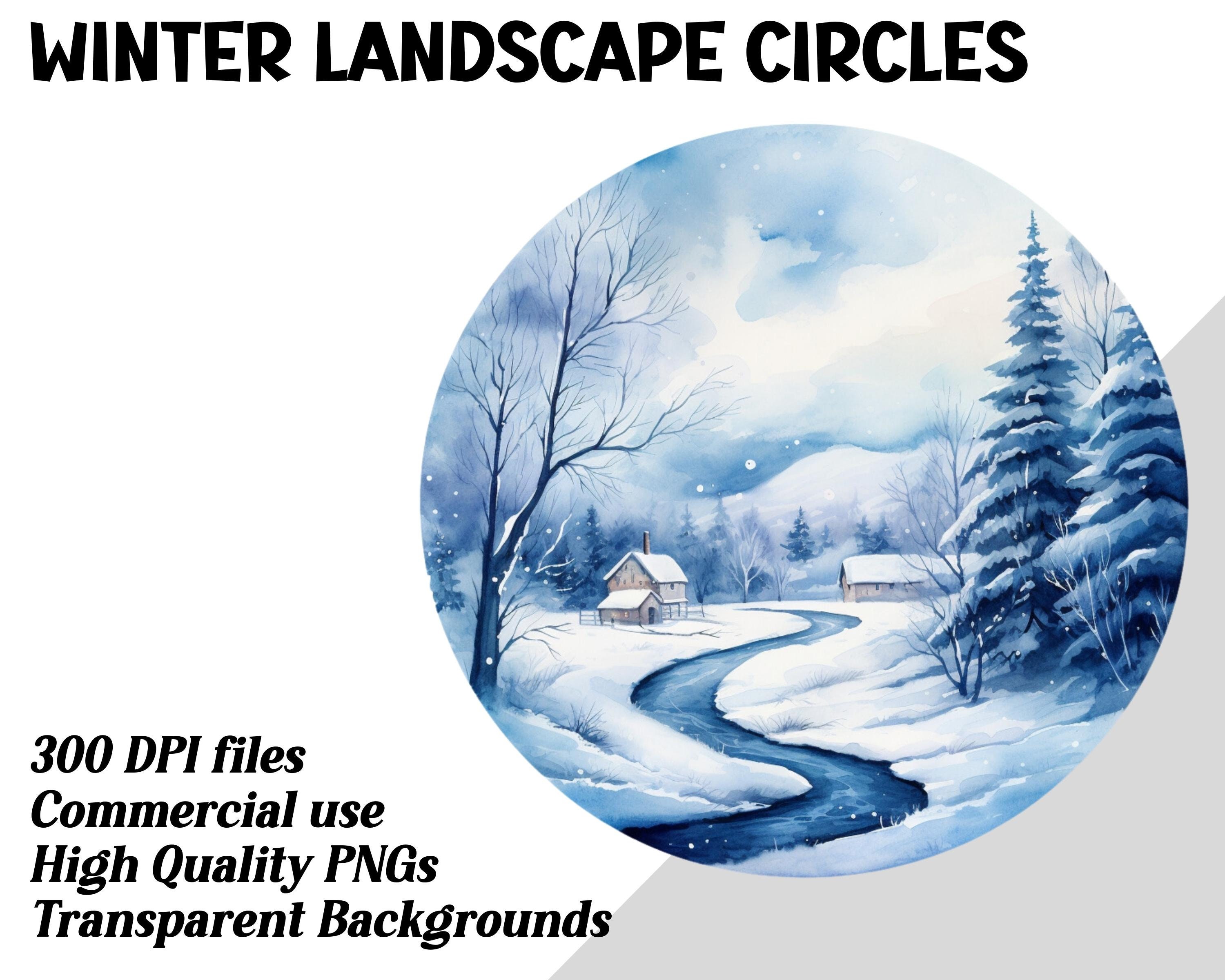 Winter Landscape Circles Watercolor Christmas Clipart Scenes, Craft ...