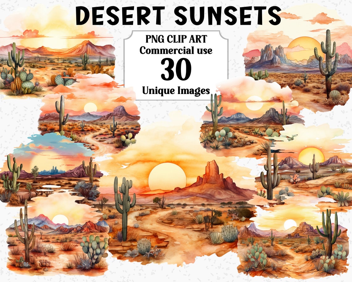 Desert Sunsets Watercolor Landscape Scenes Sublimation Clipart ...