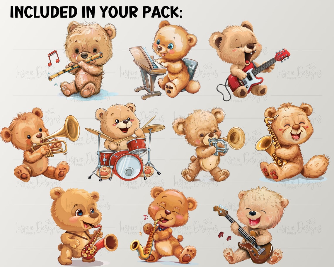 Cartoon Musical Bears Clipart, Instant Download, Music Guitar Drums ...