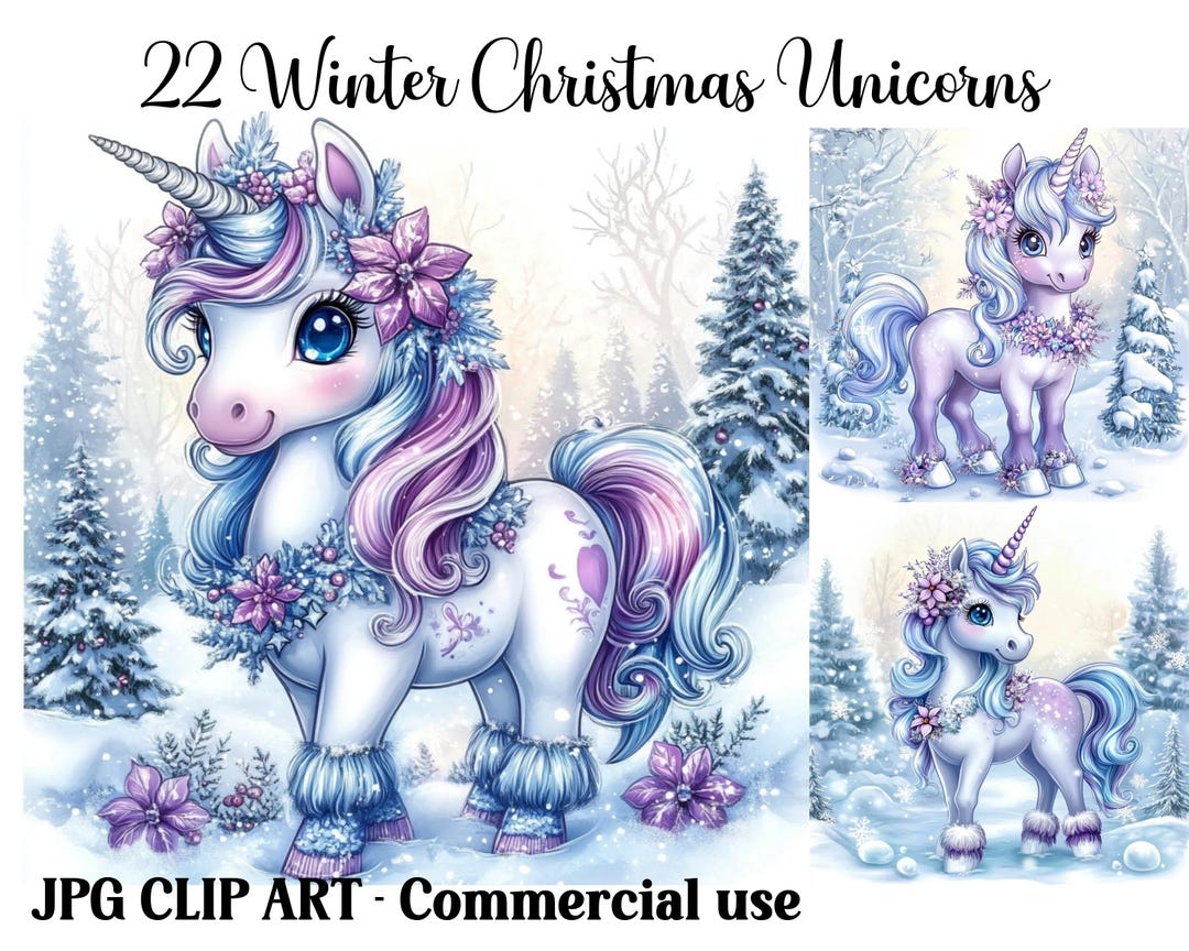 Winter Christmas Unicorns Clipart, Cute Card Making Journals, Instant ...