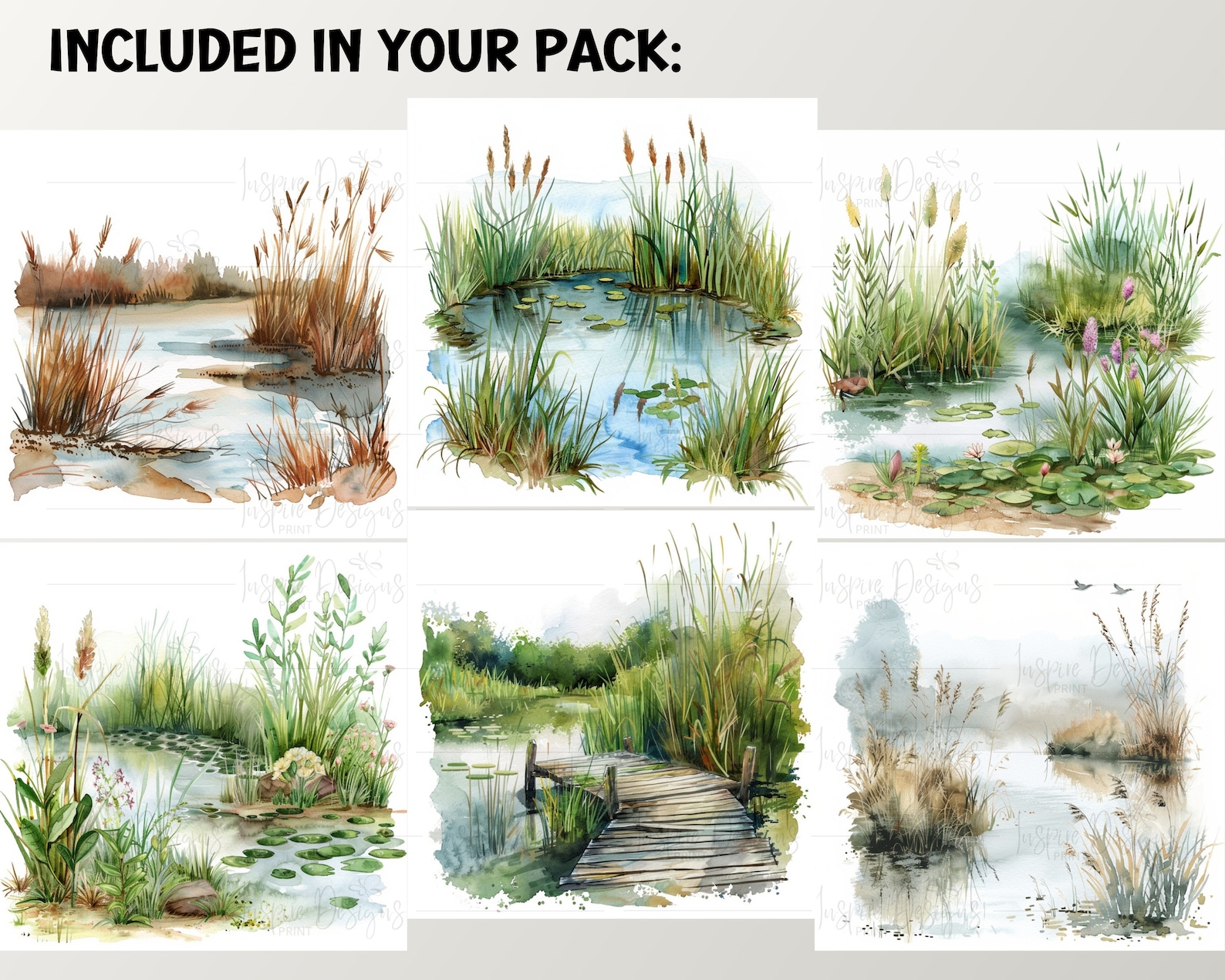 Watercolor Wetlands Grass Swamp Clipart Scenes, Fantasy Nature Digital ...