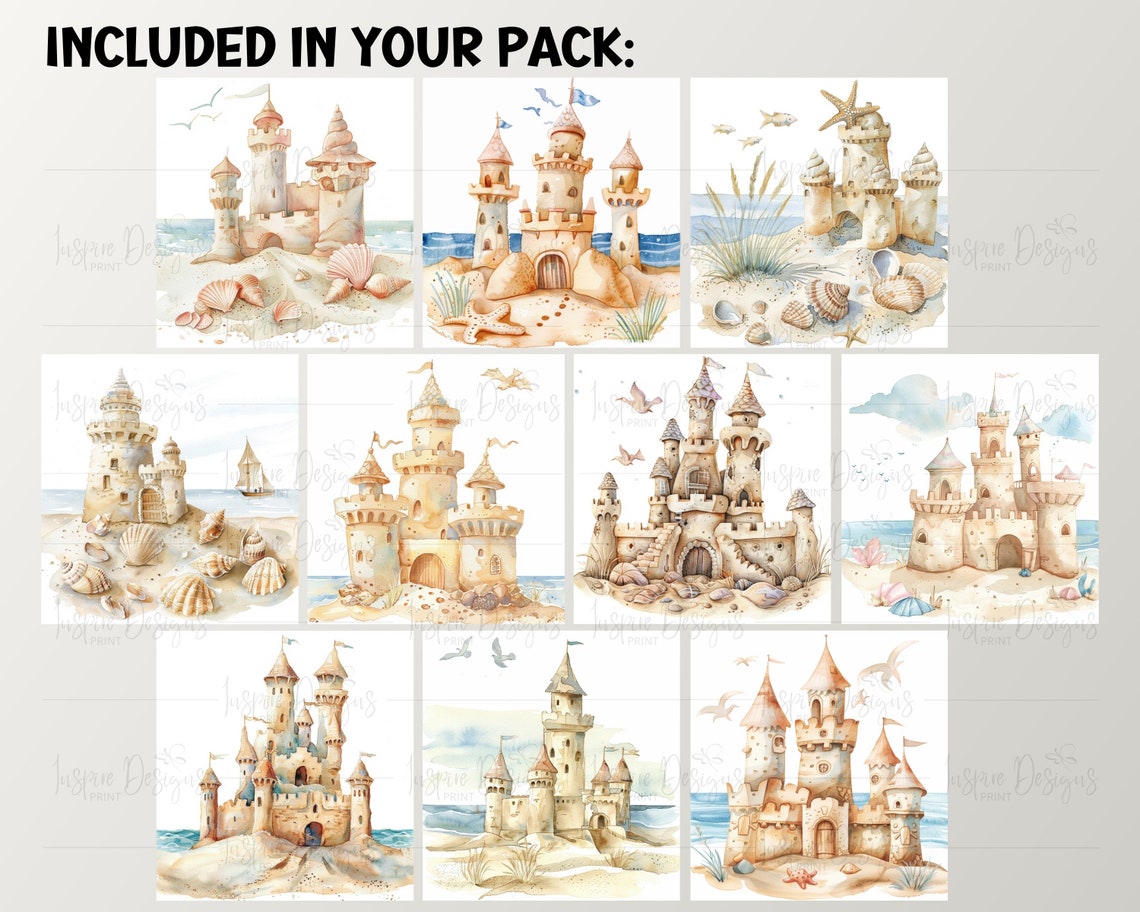 Beach Sandcastles Watercolor Clipart Scenes, Digital/ Paper Crafts ...