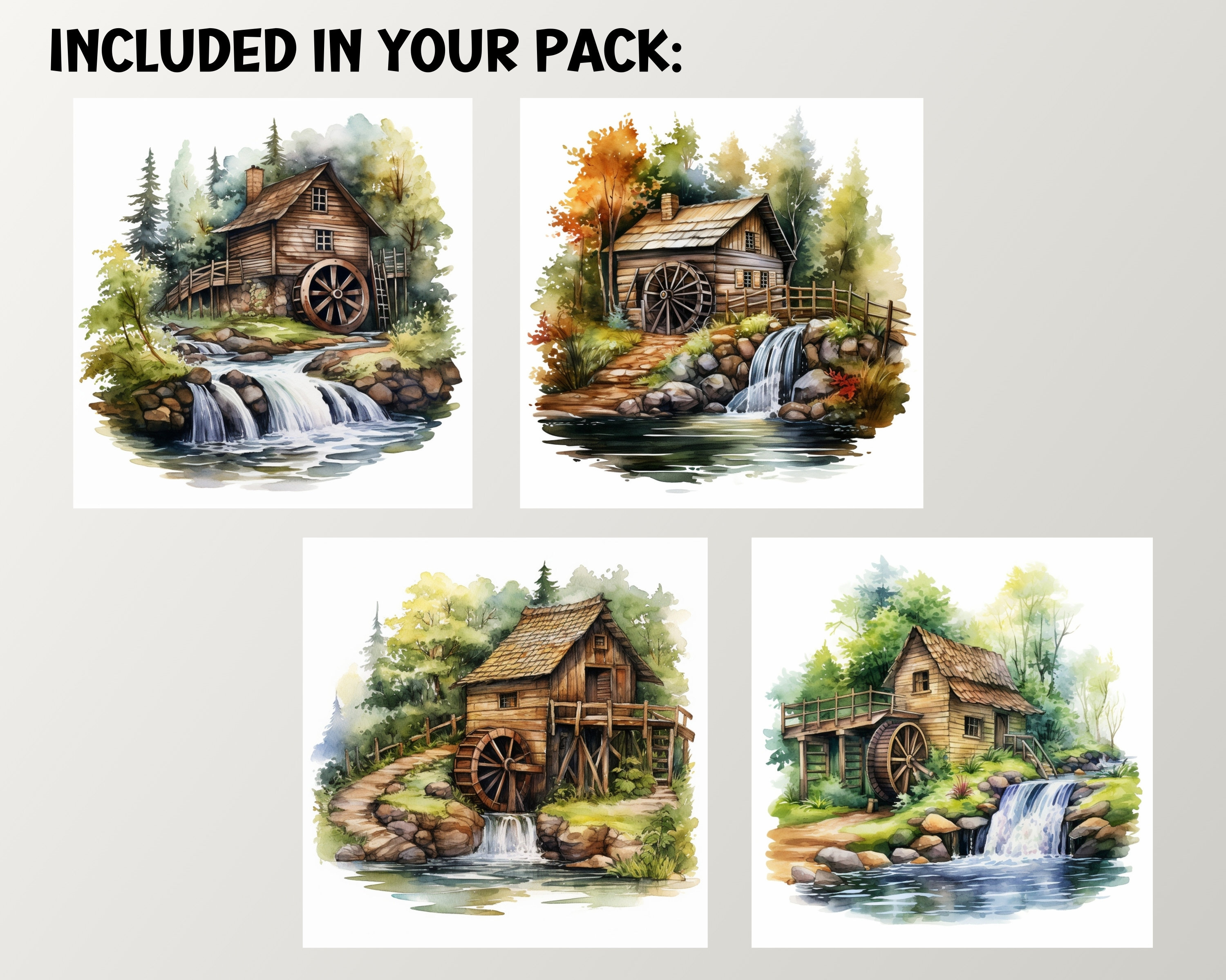 Watermill Scenes Watercolor Clipart, Digital & Paper Craft, Instant ...