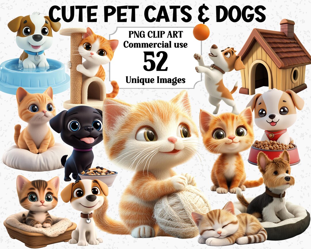 Cute Pet Cats & Dogs Clipart 3D Style Puppy Kitten Commercial Use ...