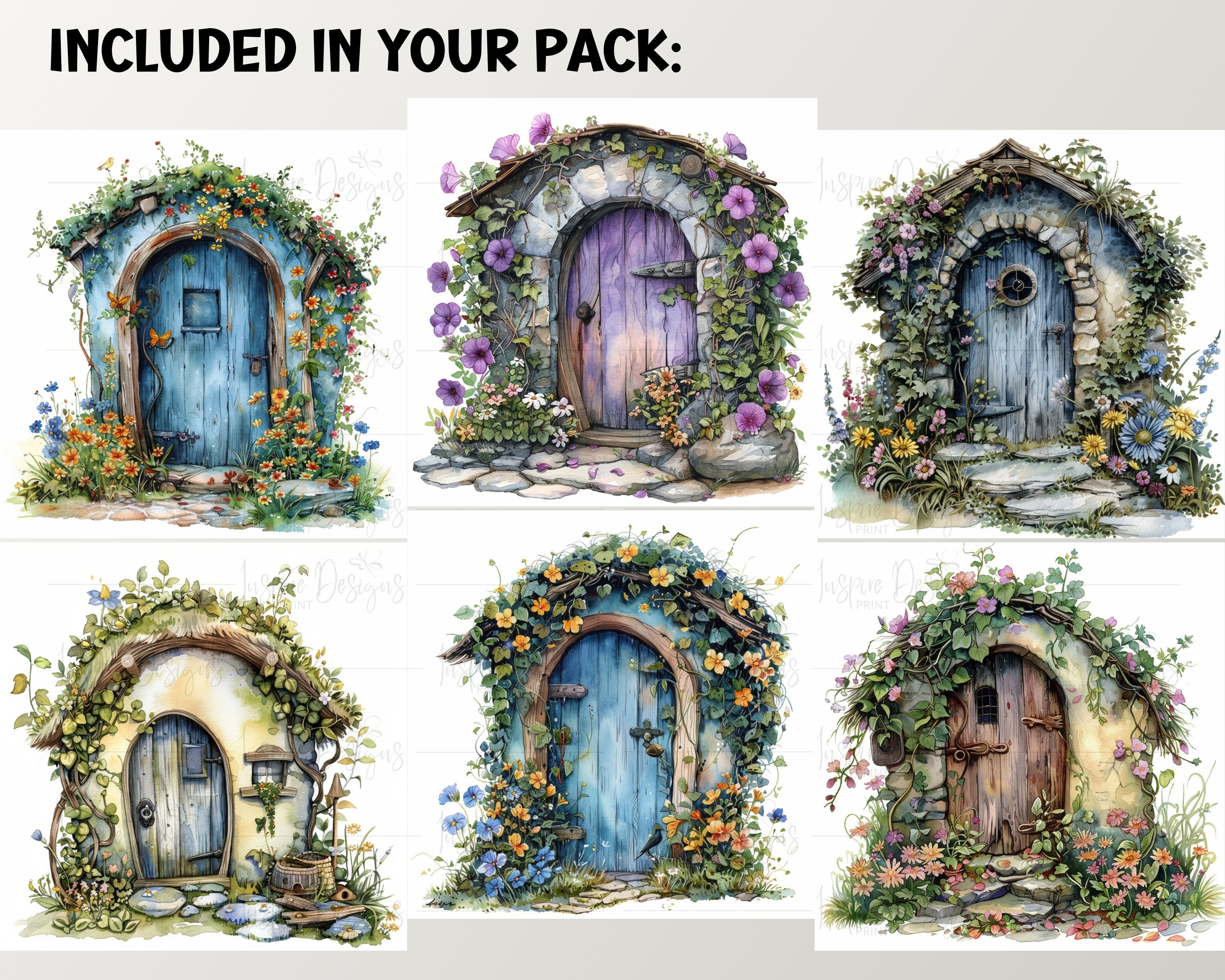 Garden Fairy Doors Watercolor Clipart Scenes, Fantasy Fairytale Digital ...