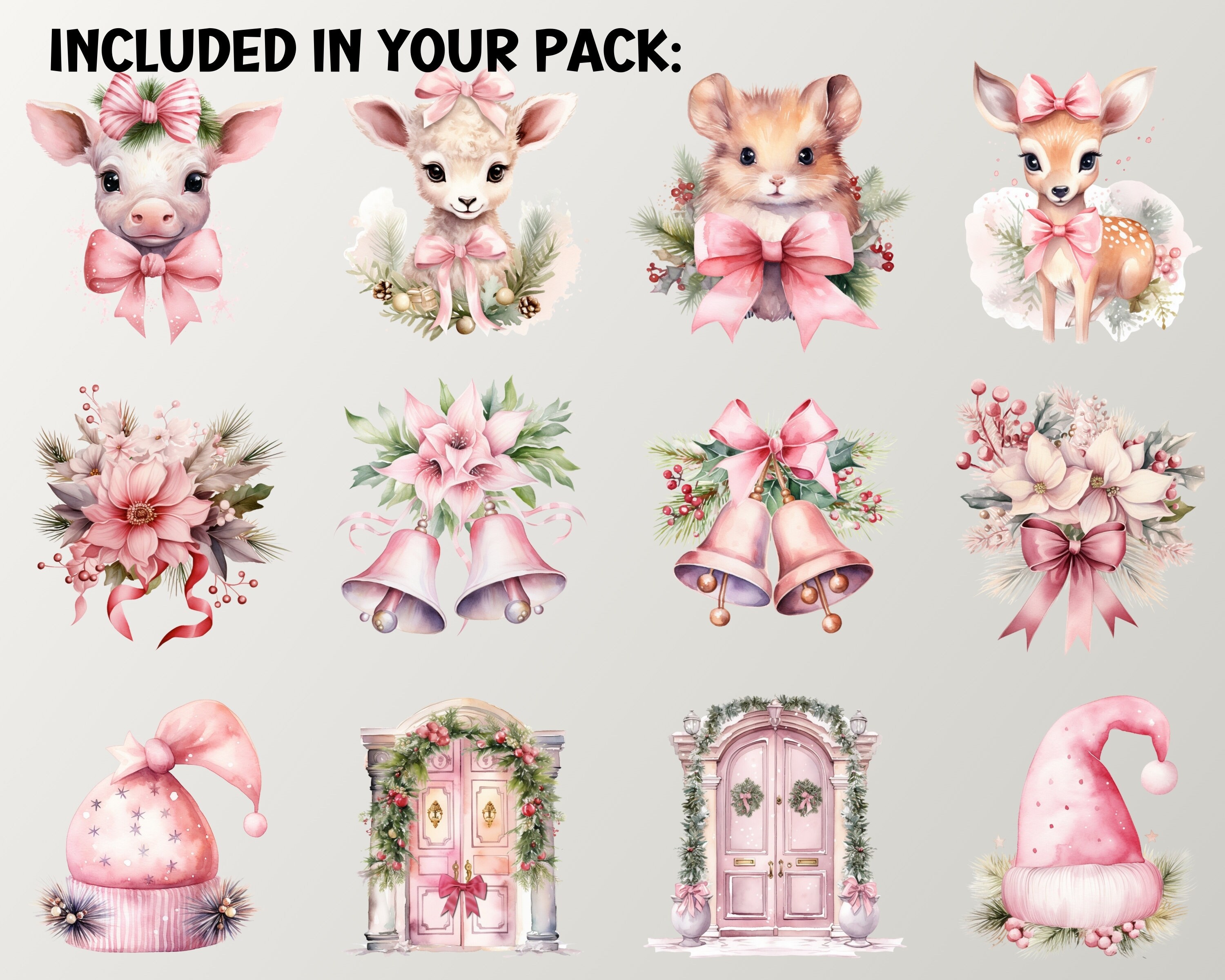 Pastel Pink Christmas Watercolor Clipart Decorations Bundle, Digital ...