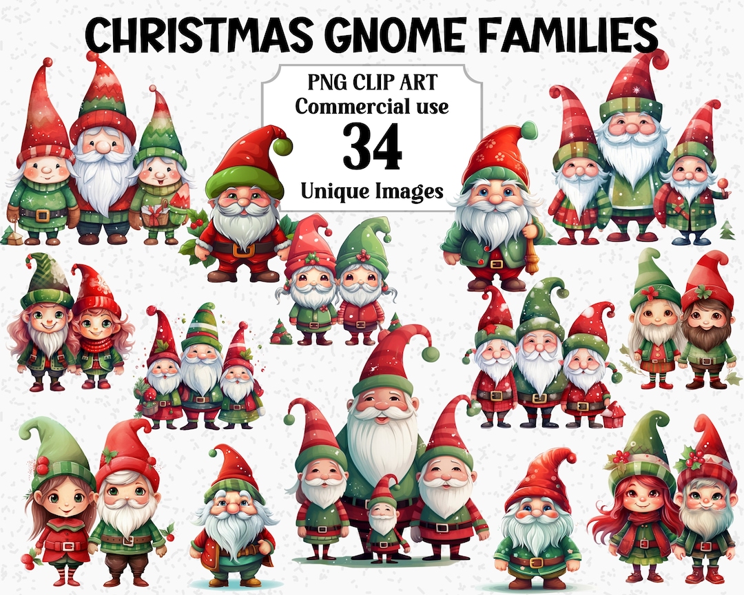 Christmas Gnome Families Watercolor Clipart, Cards Invites Xmas Crafts ...