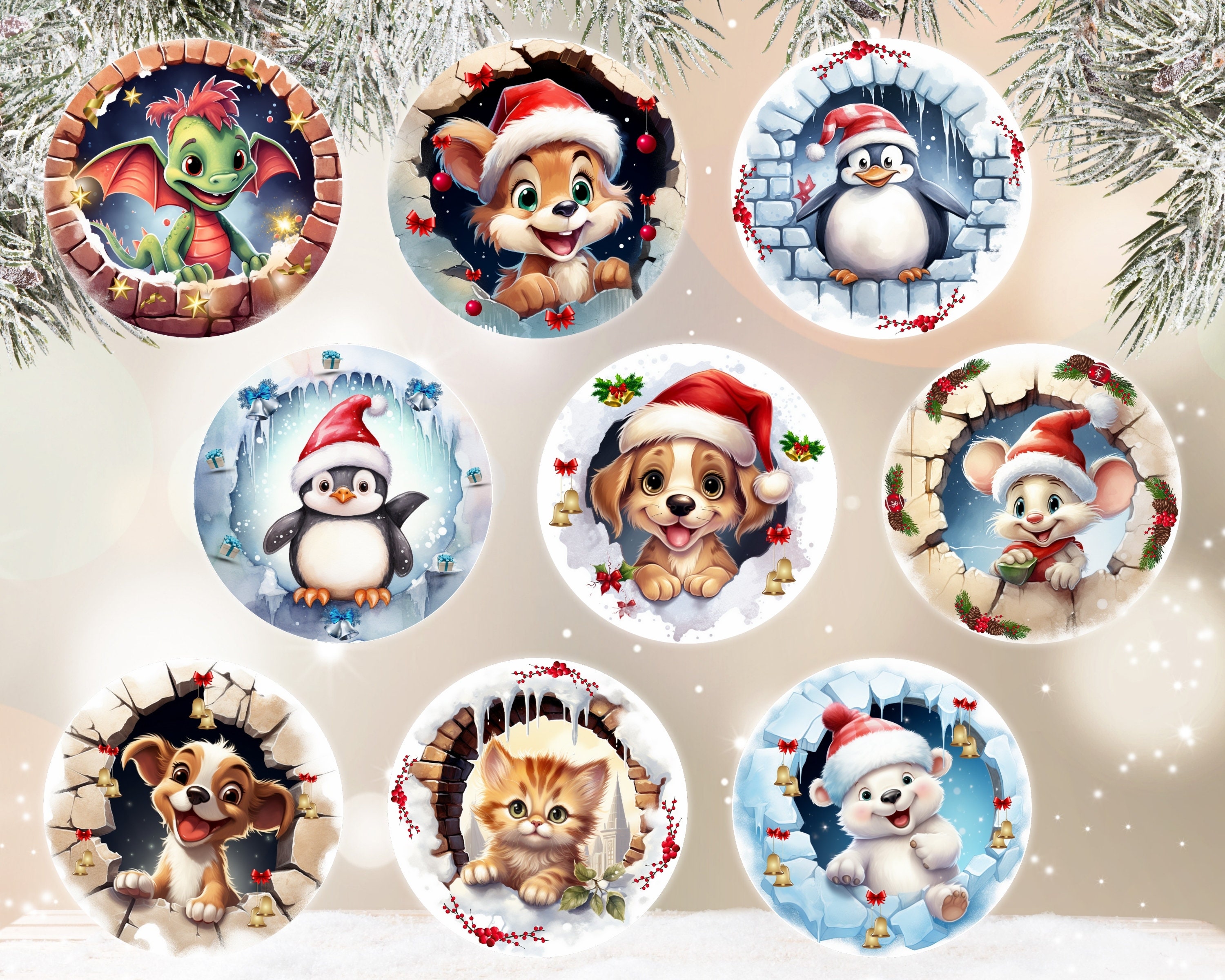 3D Cute Animals Christmas Break Through Ornament, Instant Download ...