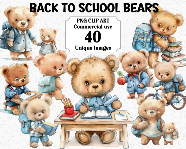Back to School Bears Blue Clipart, Instant Download, Riding Bike, Desk ...