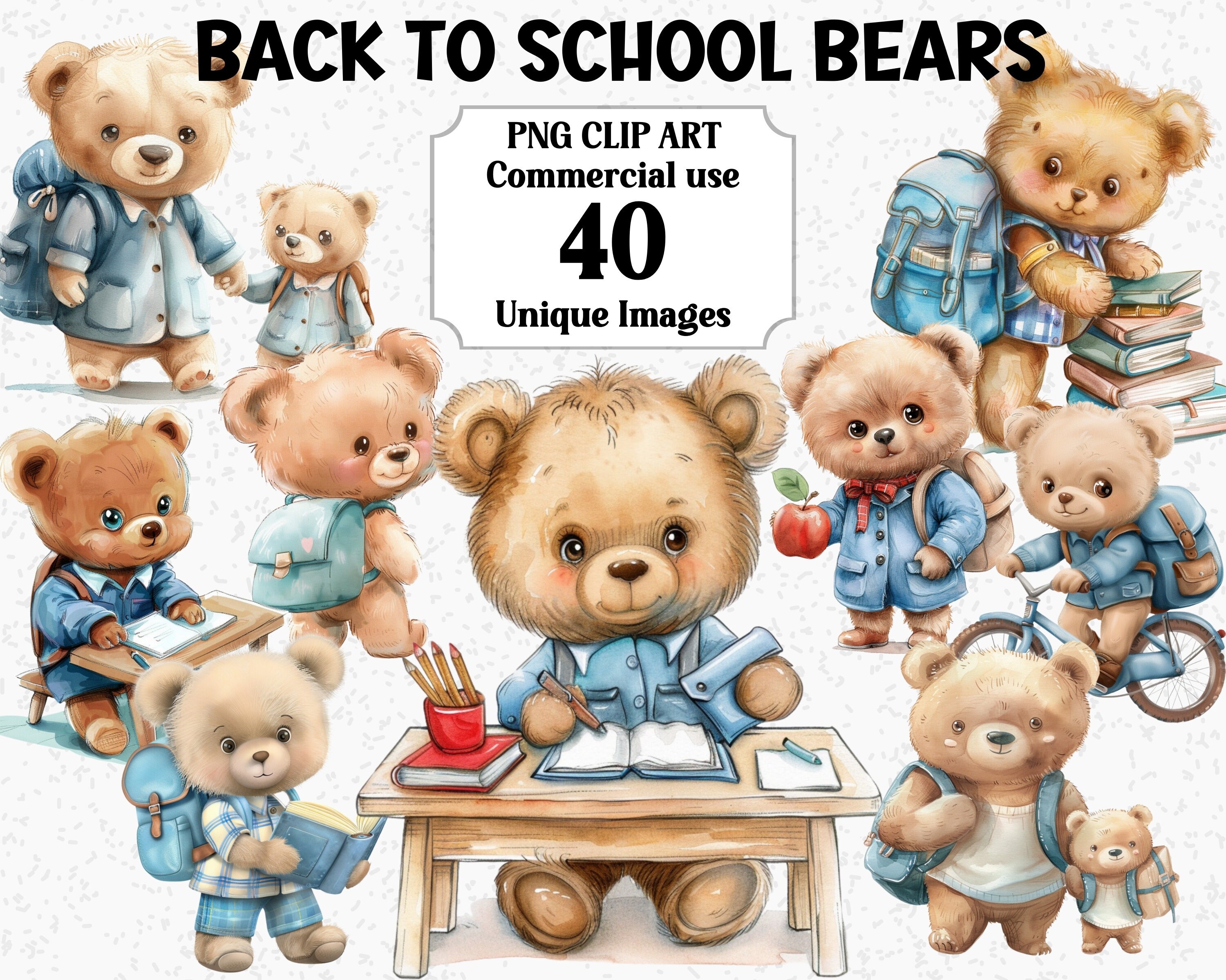Back to School Bears Blue Clipart, Instant Download, Riding Bike, Desk ...