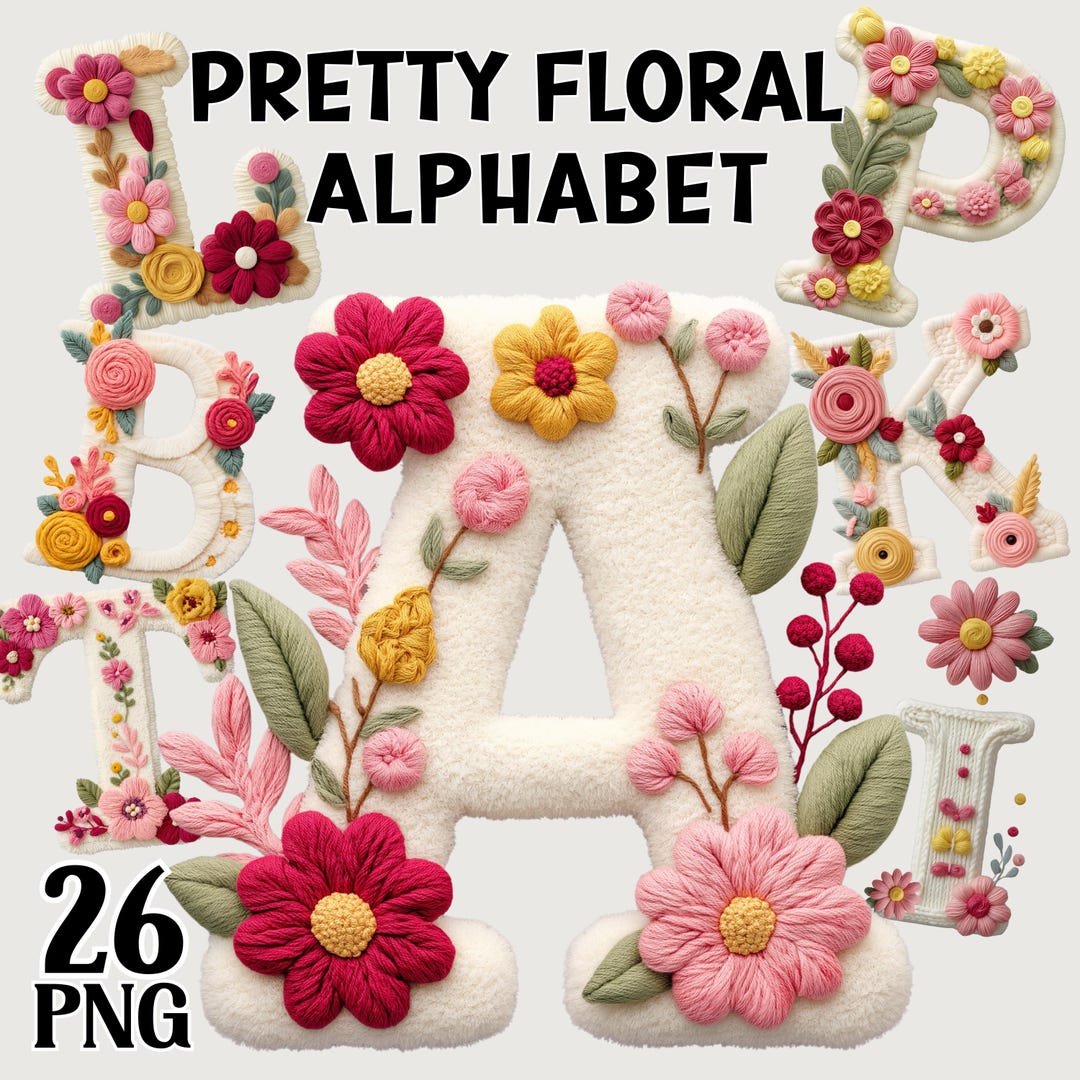 Pretty Floral Faux Yarn Alphabet Letters, Faux Crotchet Font Clipart, A ...