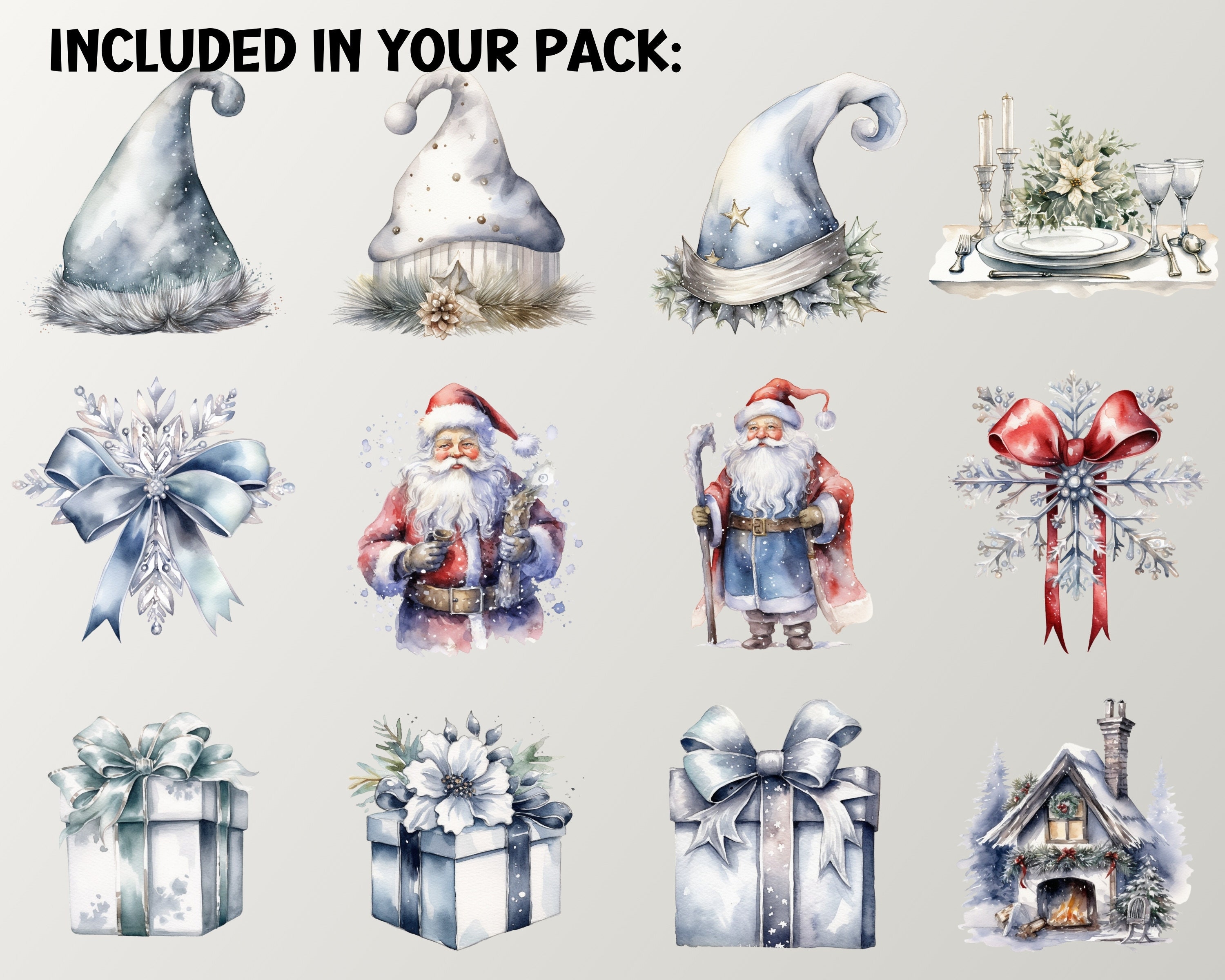 Silver Christmas Luxury Watercolor Clipart Decorations Bundle - Etsy
